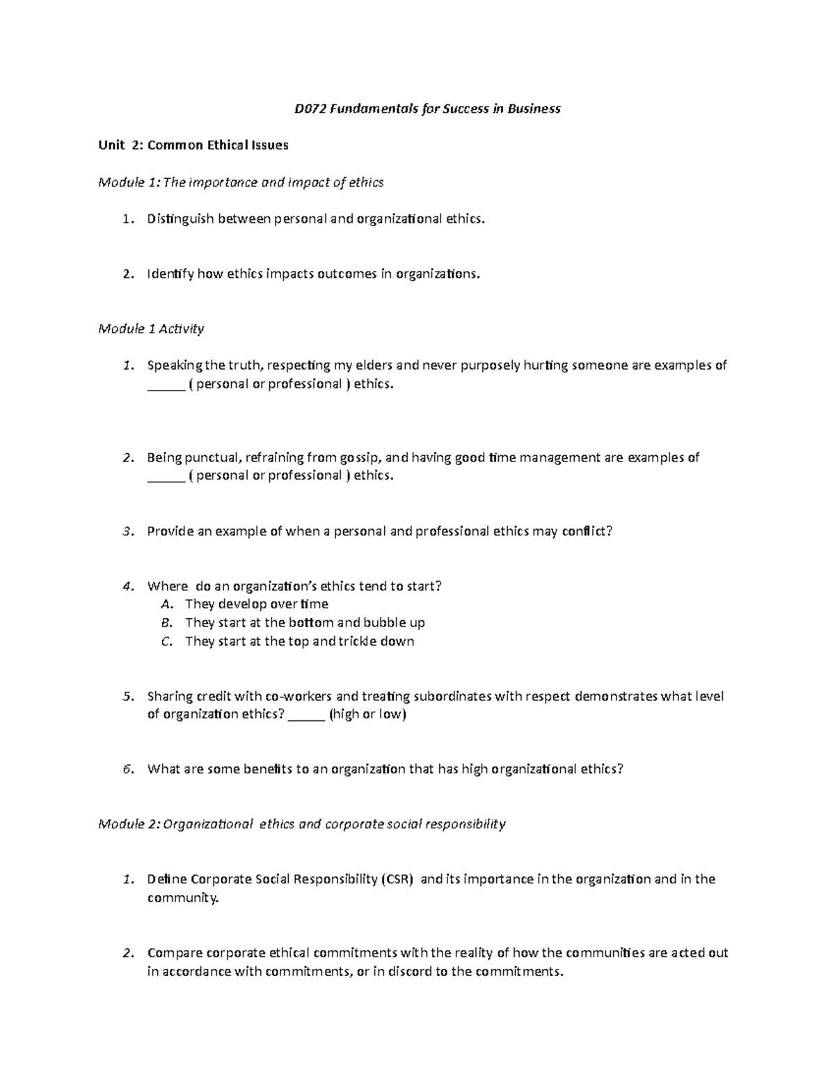 FSIB study Guide - Quiz Questions - D072 Fundamentals for Success in ...