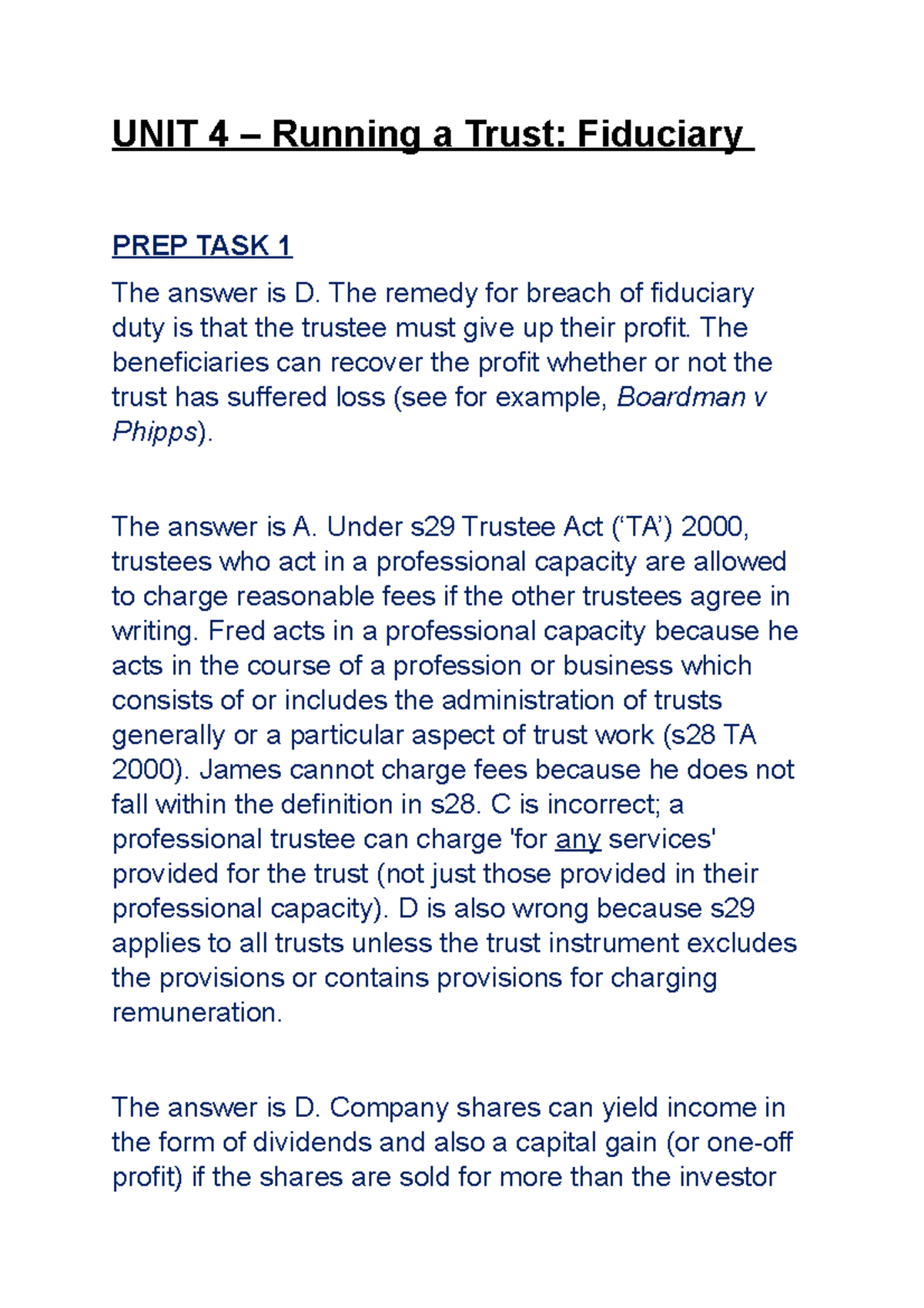 UNIT 6 Essay - Entire Unit in One Document - UNIT 4 – Running a Trust ...