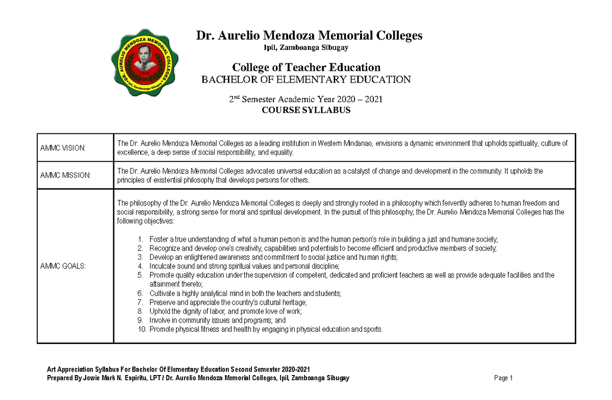 ART Appreciation Syllabus Copy - Art Appreciation Syllabus For Bachelor ...