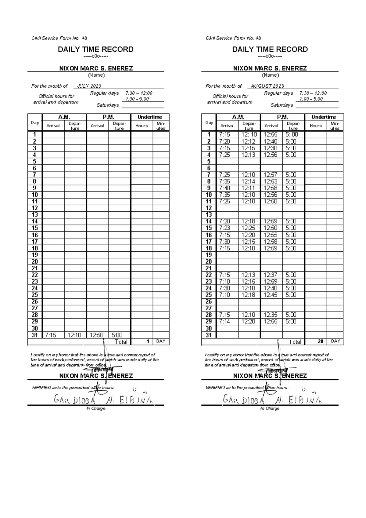 My DTR - KOPAL KABA - Civil Service Form No. 48 DAILY TIME RECORD -o0o ...