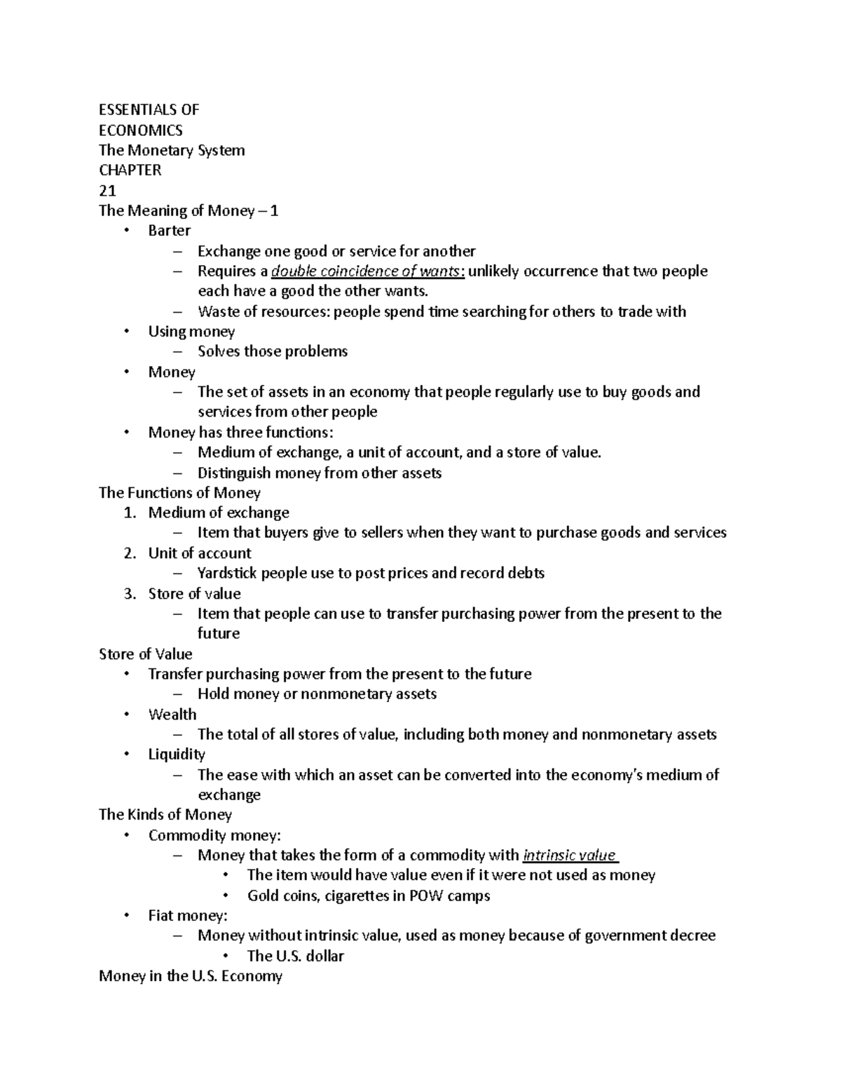Essentials OF 21 - notes - ESSENTIALS OF ECONOMICS The Monetary System ...