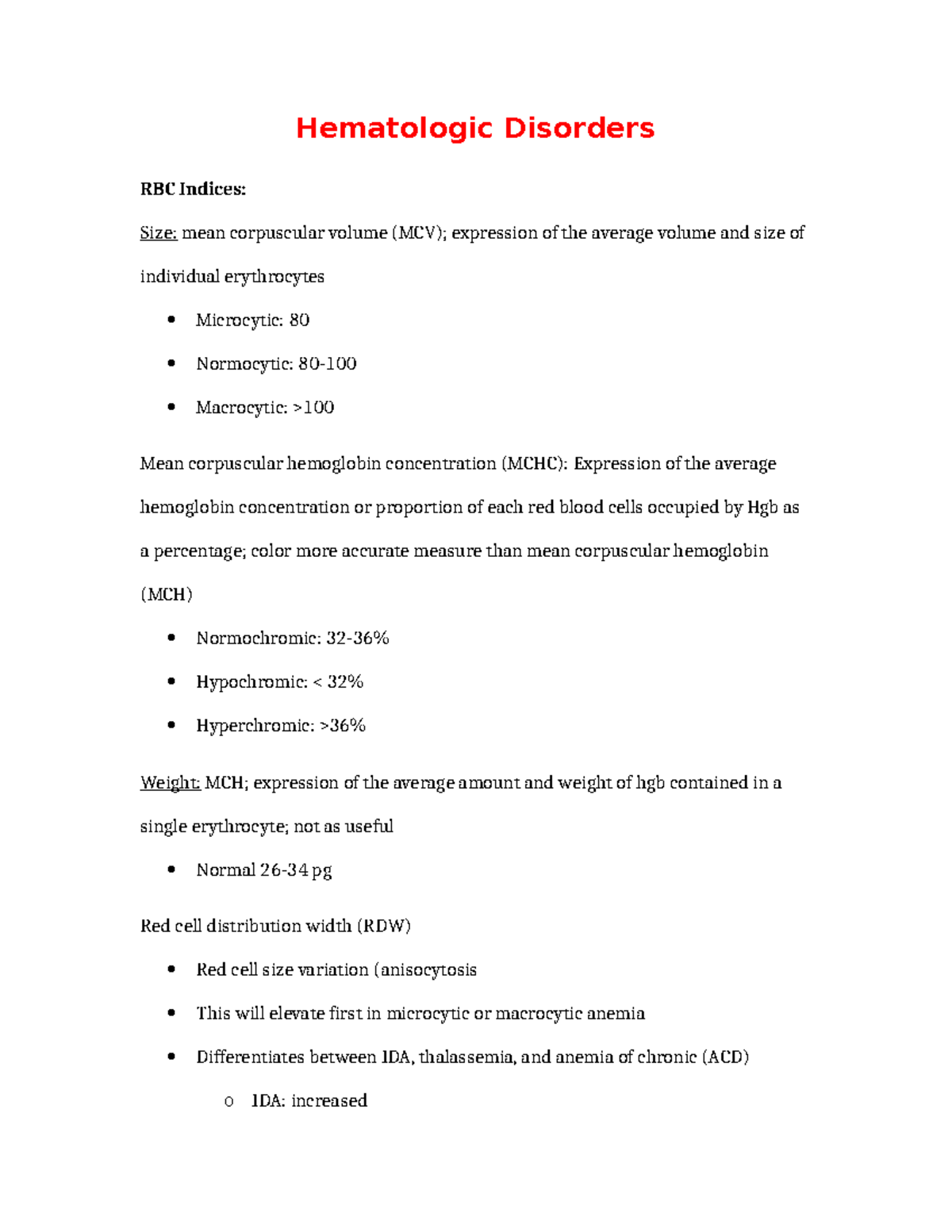 F1 Final Study Guide - Family 1 Mod 1-7 - Hematologic Disorders RBC Indices: Size: mean ...
