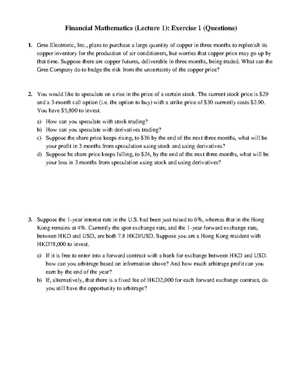 FM Exercises 1~8 - Financial Mathematics (Lecture 1): Exercise 1 ...