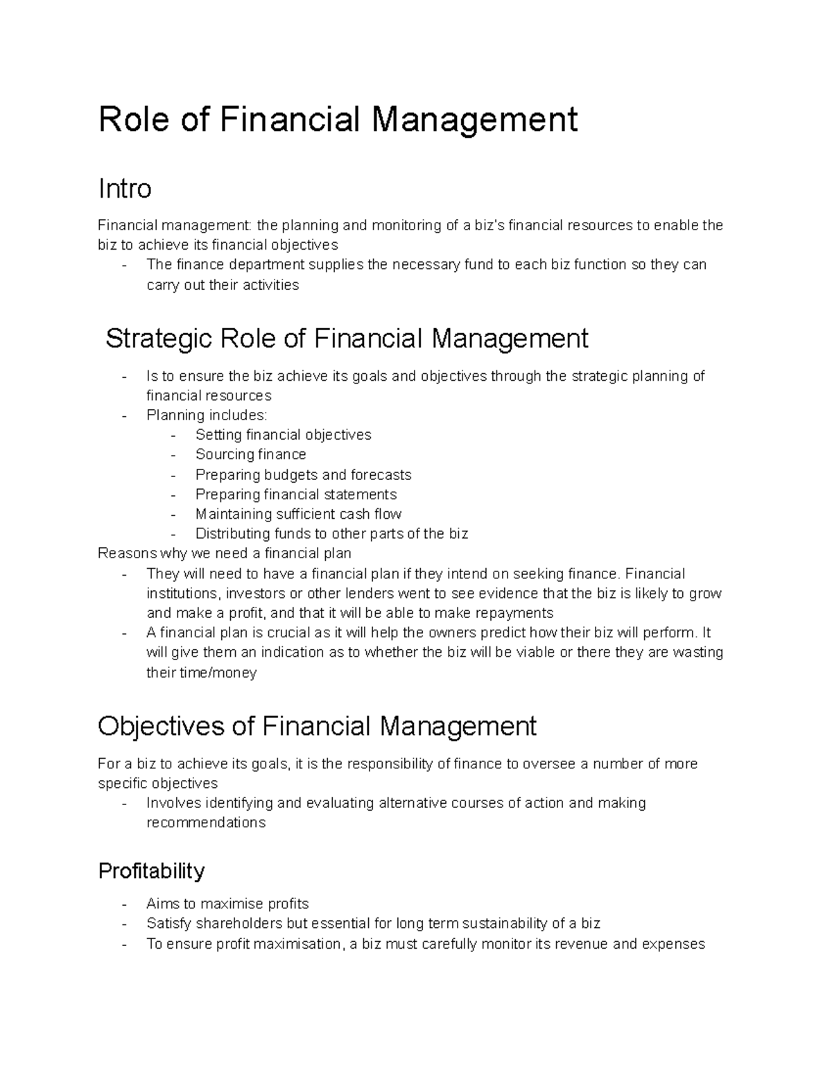 biz studies topic 3 - Finance - Role of Financial Management Intro ...