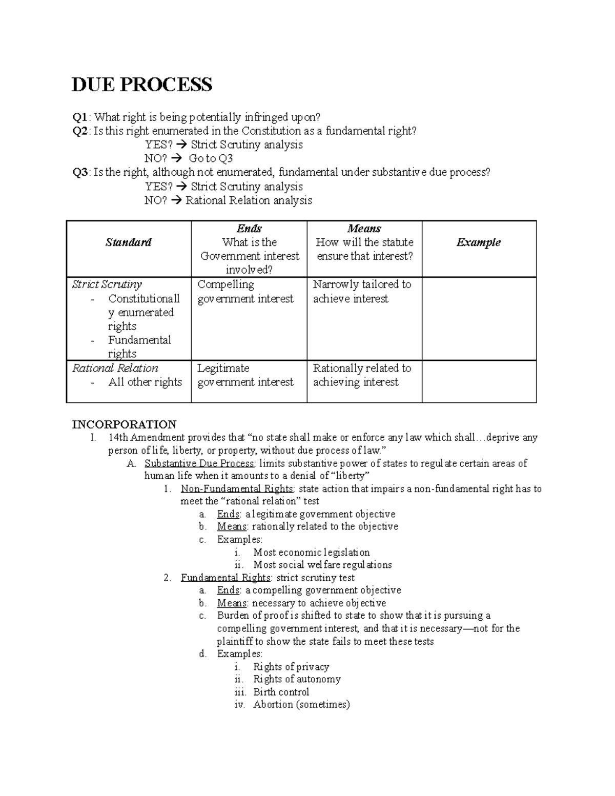 Constitutional Law Outline - 3 - DUE PROCESS Q1: What right is being ...