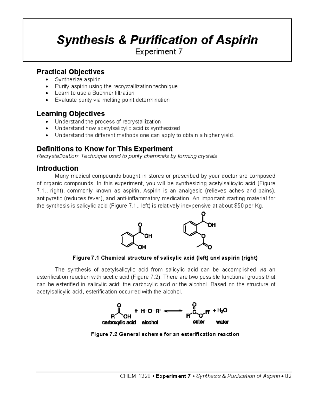 Experiment #7 Protocol - Synthesis & Purification of Aspirin Experiment ...