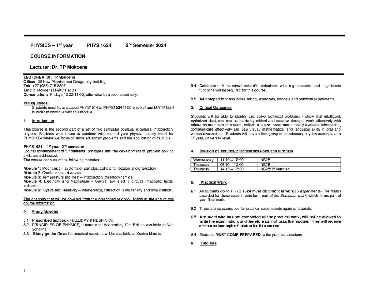 Corrected PHYS1624 Course Information 2024 - 1 PHYSICS – 1 st year PHYS ...