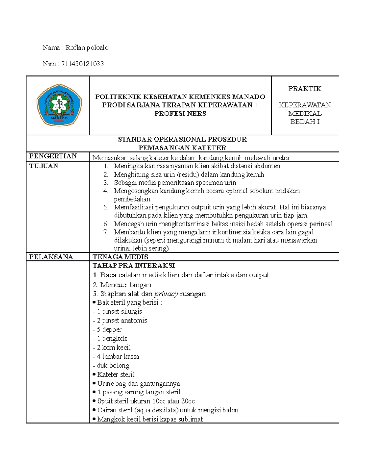 SOP Pemasangan Kateter - Nama : Roflan poloalo Nim : 711430121033 ...