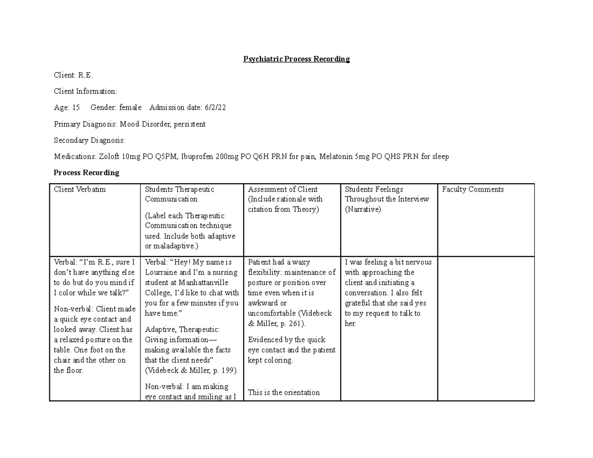 Psychiatric Process Recording - Client Information: Age: 15 Gender ...