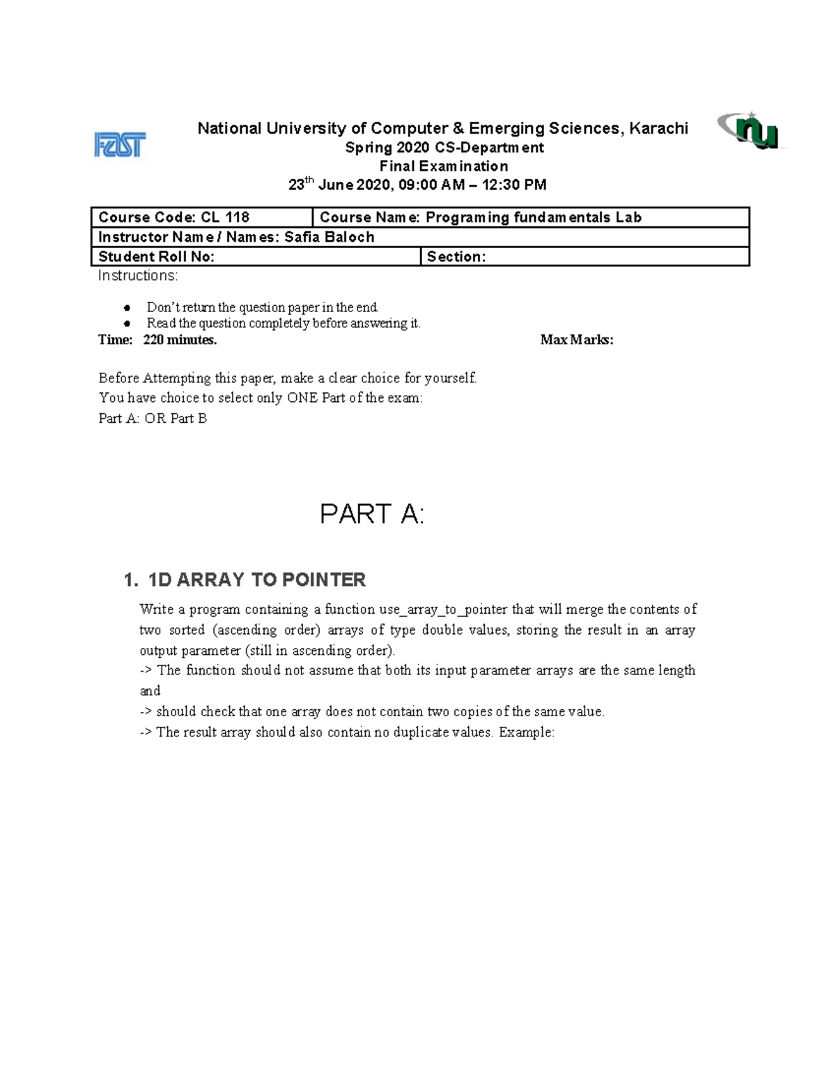 PF Final LAB EXAM - For pf practice - National University of Computer ...