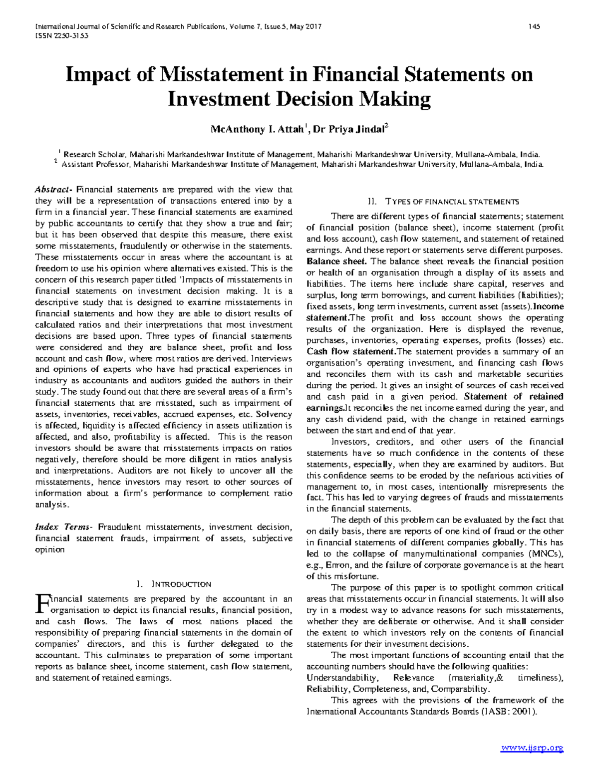 Ijsrp-p6518 - ISSN 2250- Impact of Misstatement in Financial Statements ...