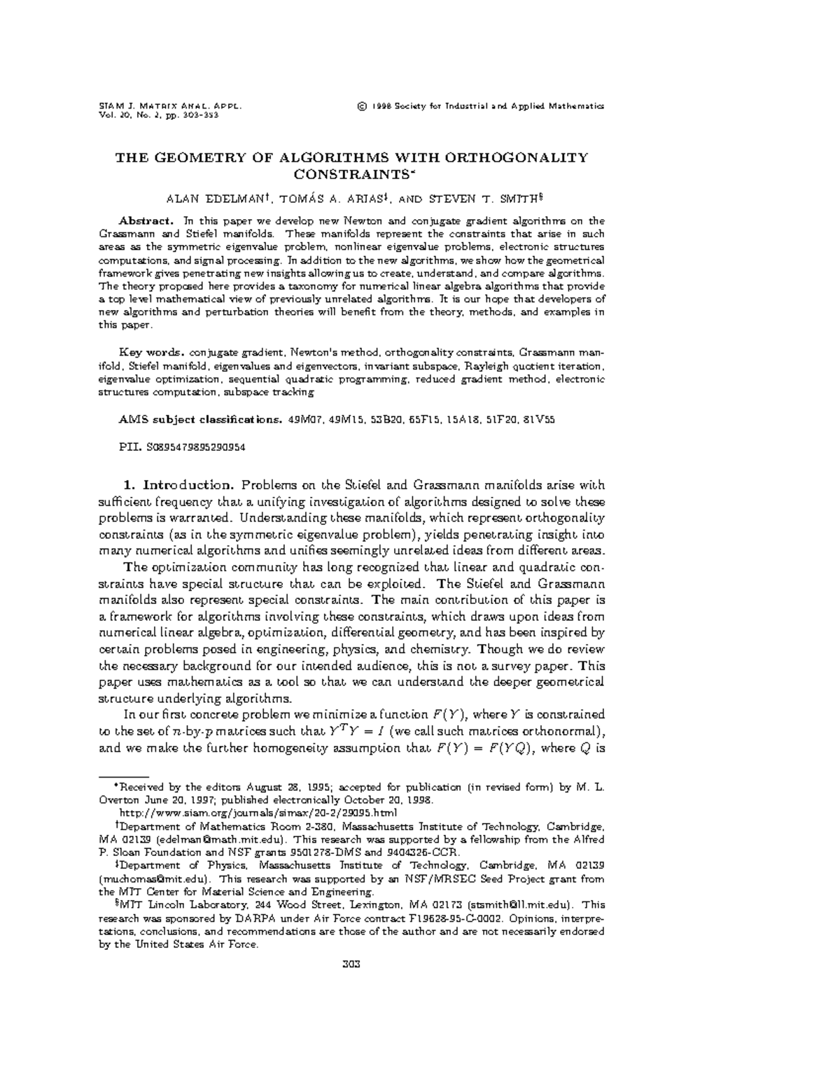 The Geometry Of Algorithms With Orthogonality Constraints The