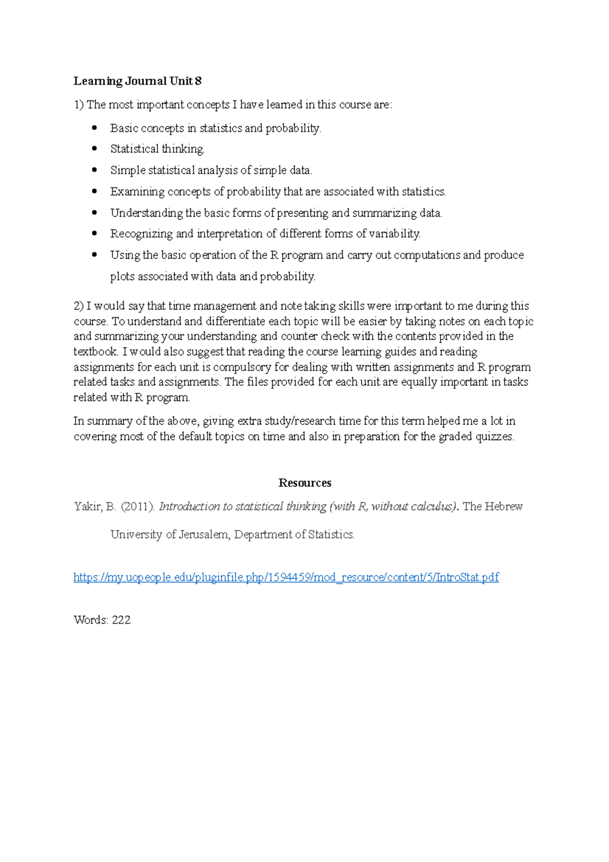 Learning Journal Unit 8 Statistical Thinking Simple Statistical Analysis Of Simple Data