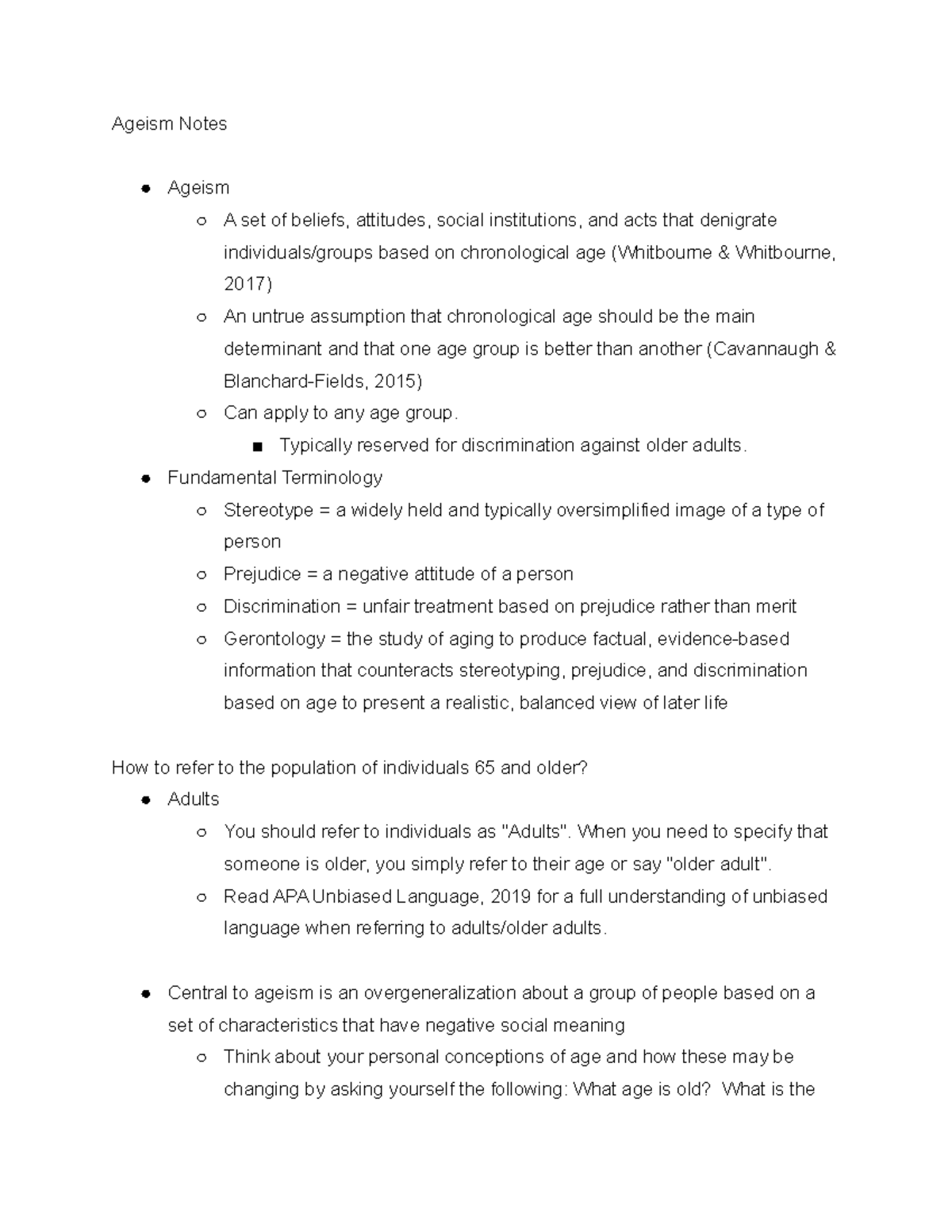 Adult Dev- Ageism - Ageism Notes Ageism A set of beliefs, attitudes ...