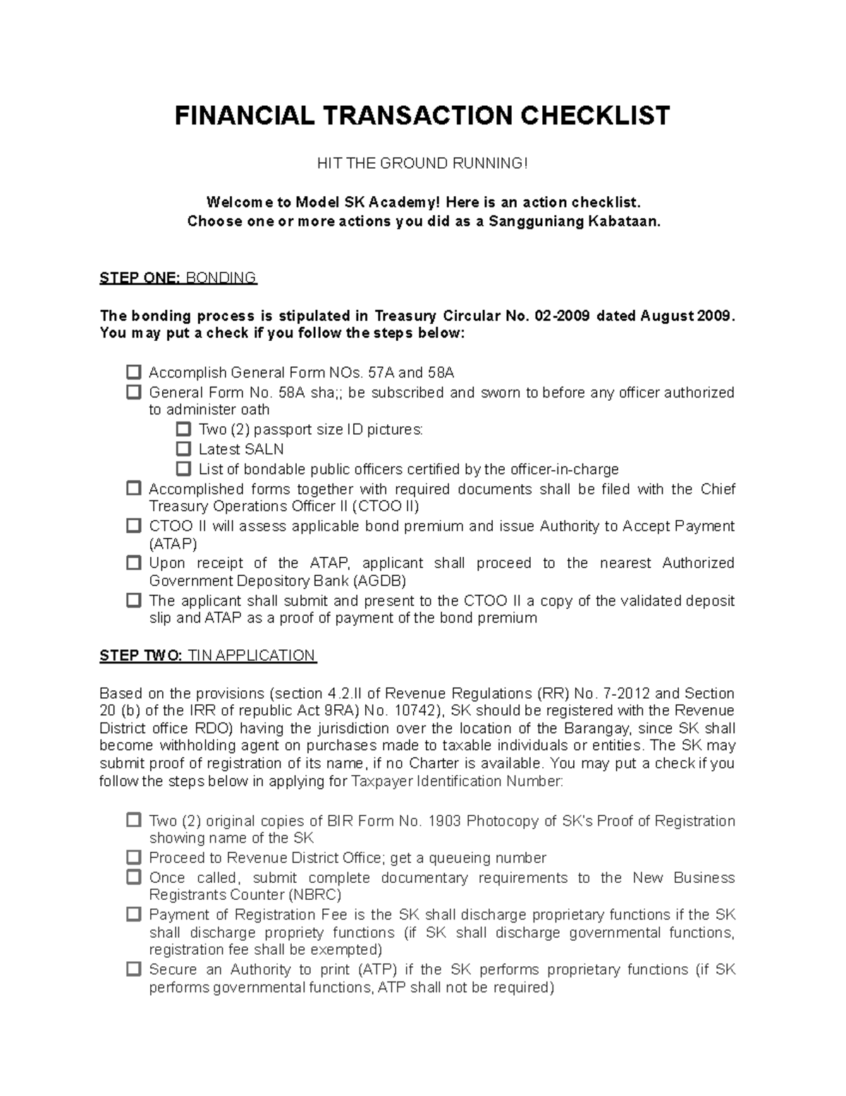 Financial Transaction Checklist - Bachelor of Arts in Political Science ...