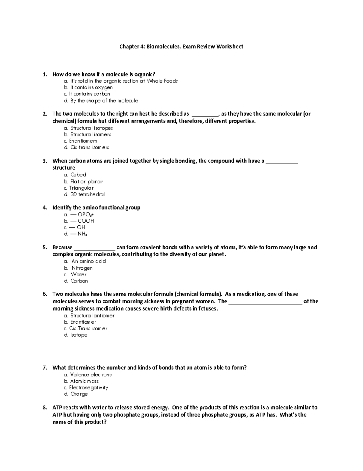 Chapter 4 Carbon, Exam Review Worksheet - Chapter 4: Biomolecules, Exam ...