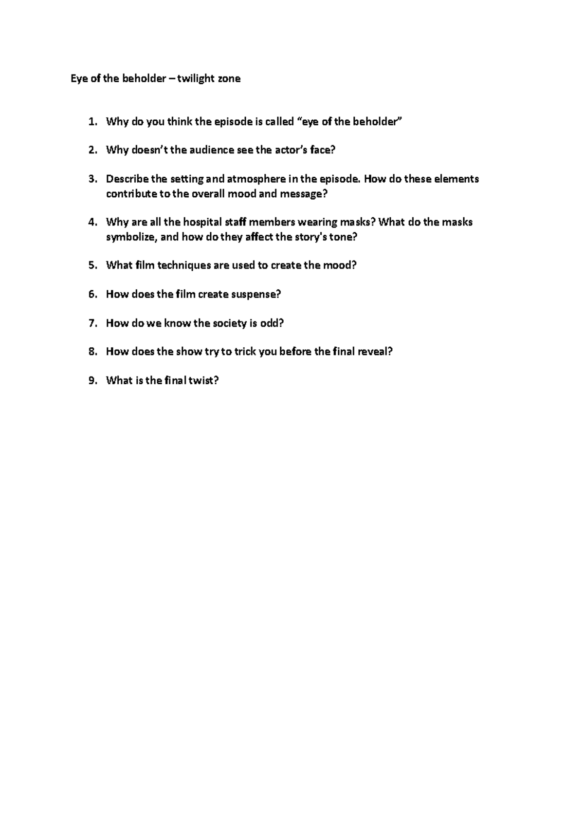 eye of the beholder - short film worksheet - Eye of the beholder ...