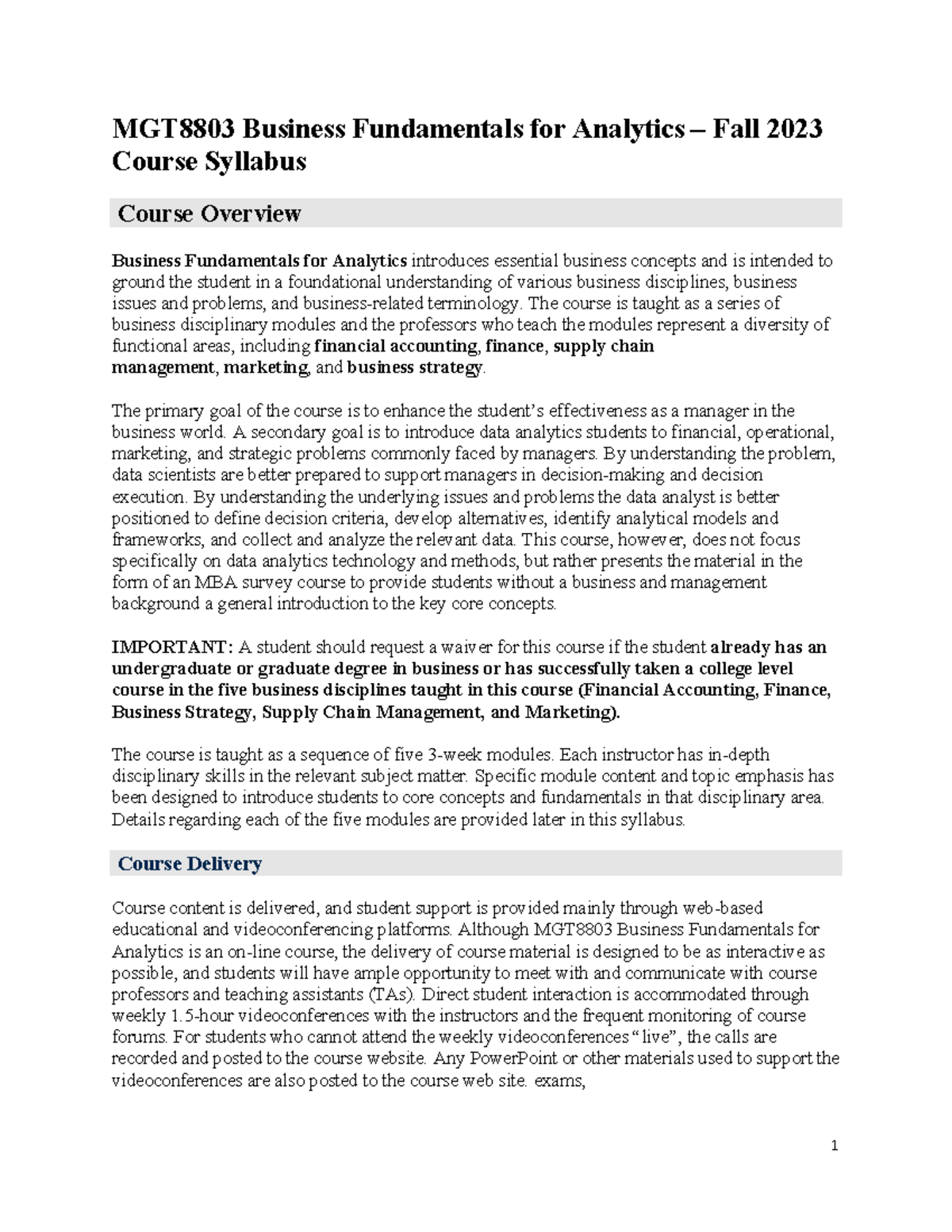 FALL 23-MGT8803 Business Fundamentals for Analytics Syllabus - MGT8803 ...