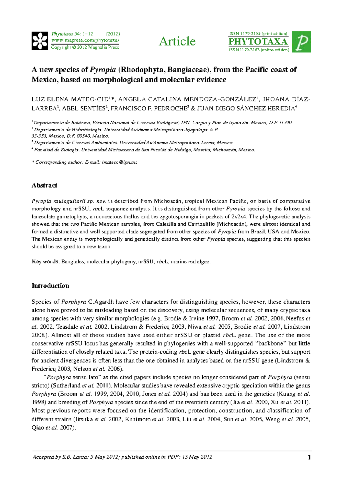 A new species of Pyropia Pac Mex Mateo et al 2012 - Accepted by S ...