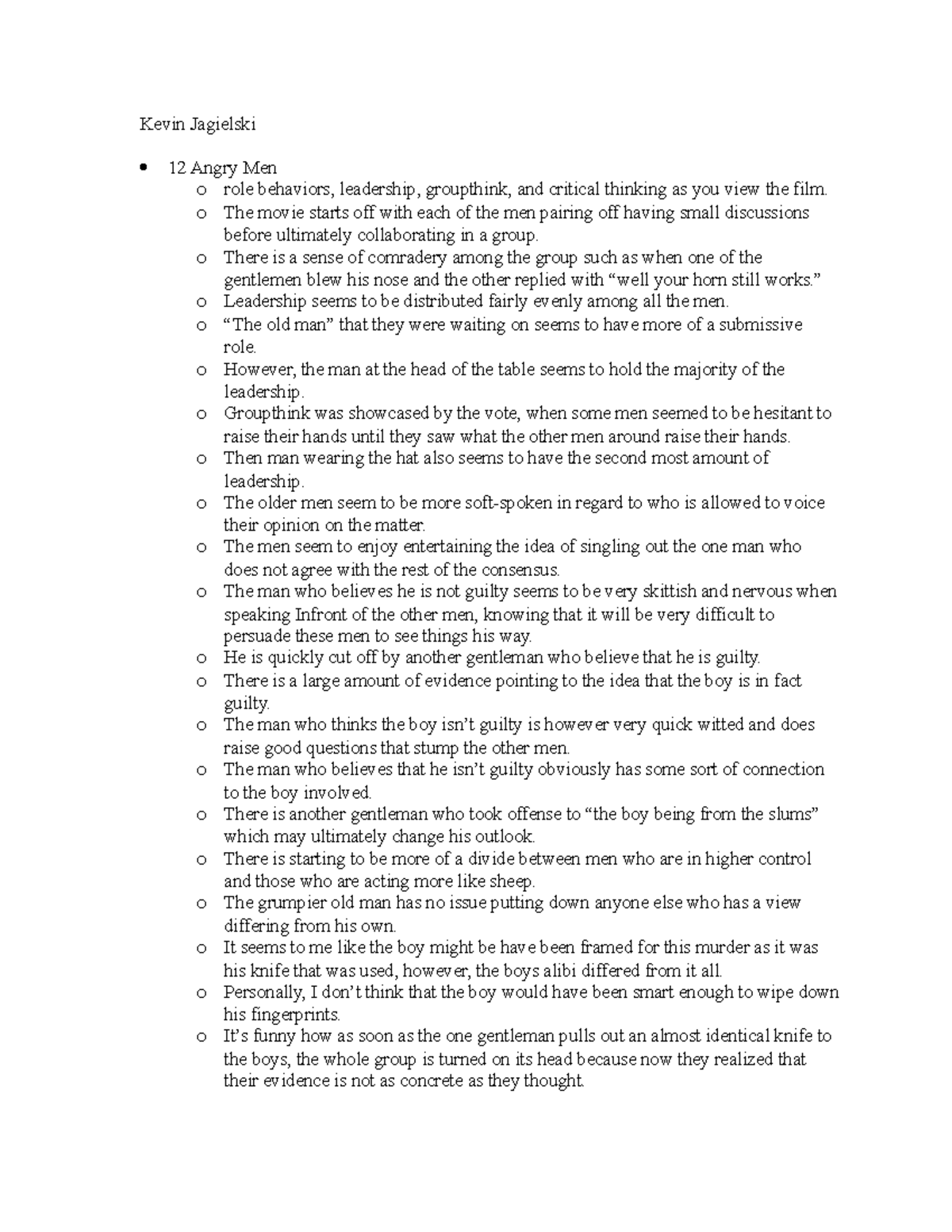 Twelve angry men notes - Kevin Jagielski 12 Angry Men o role behaviors ...