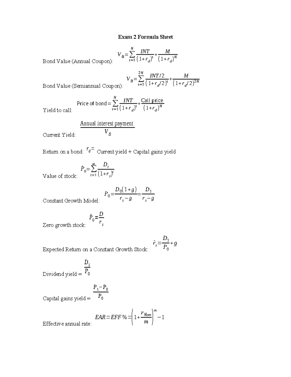 Exam 2 Formula Sheet - Exam 2 - Exam 2 Formula Sheet Bond Value (Annual ...