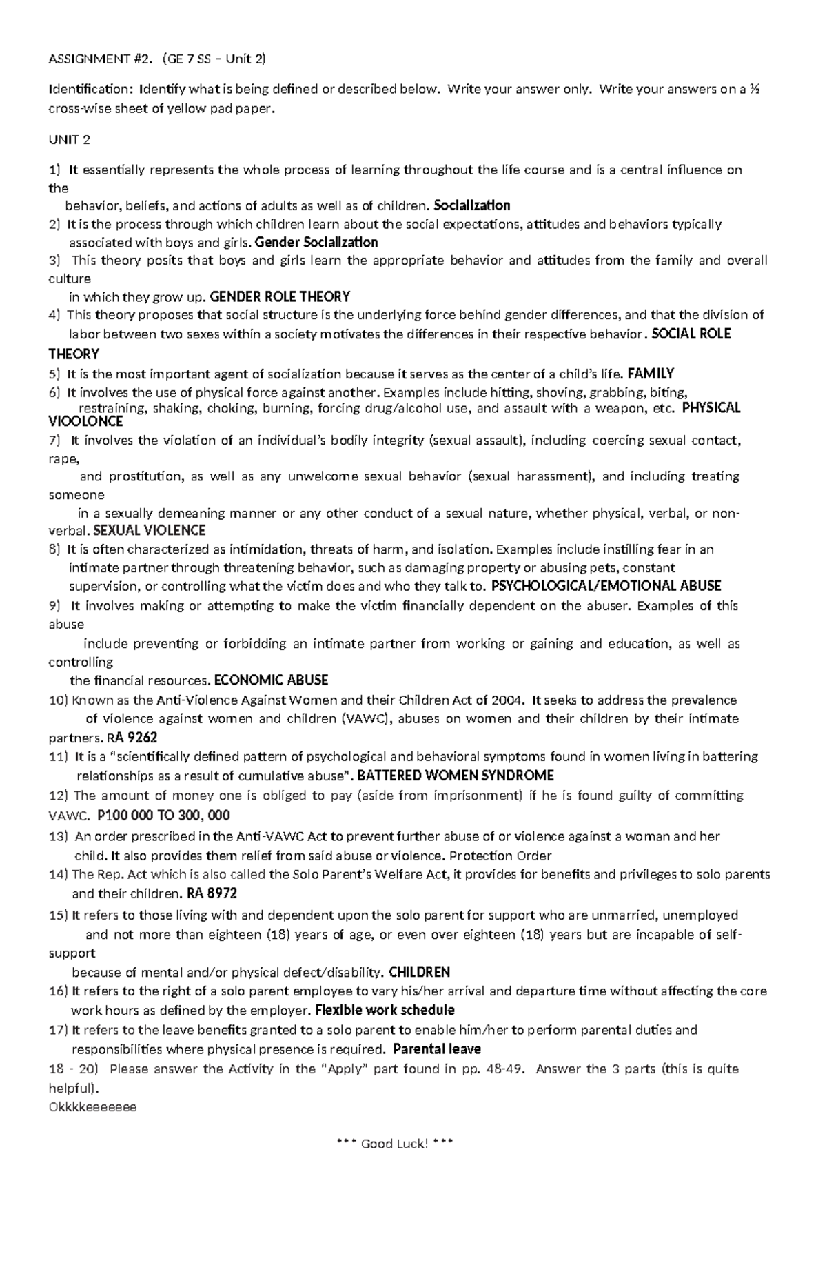 Assign 2 GE 7 SS Unit 2 - ASSIGNMENT #2. (GE 7 SS – Unit 2) Identification: Identify what is ...