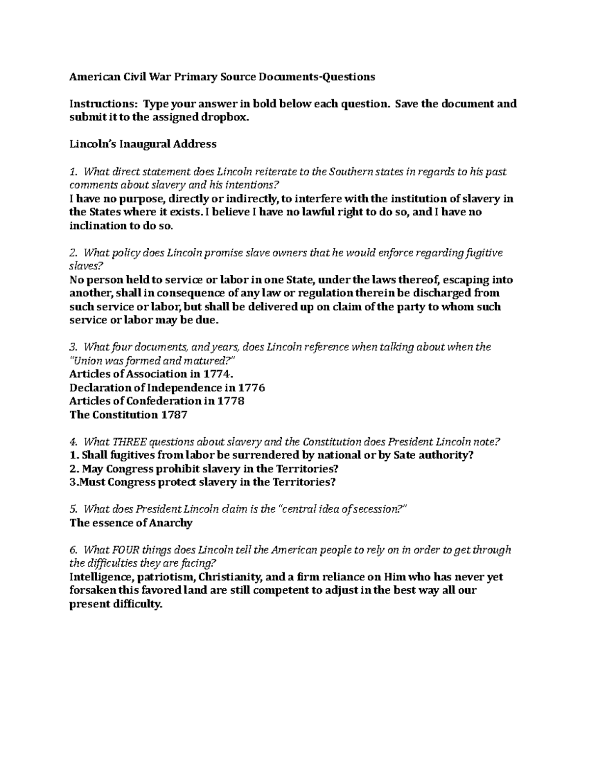 The War of the Union Documents-Questions - American Civil War Primary ...