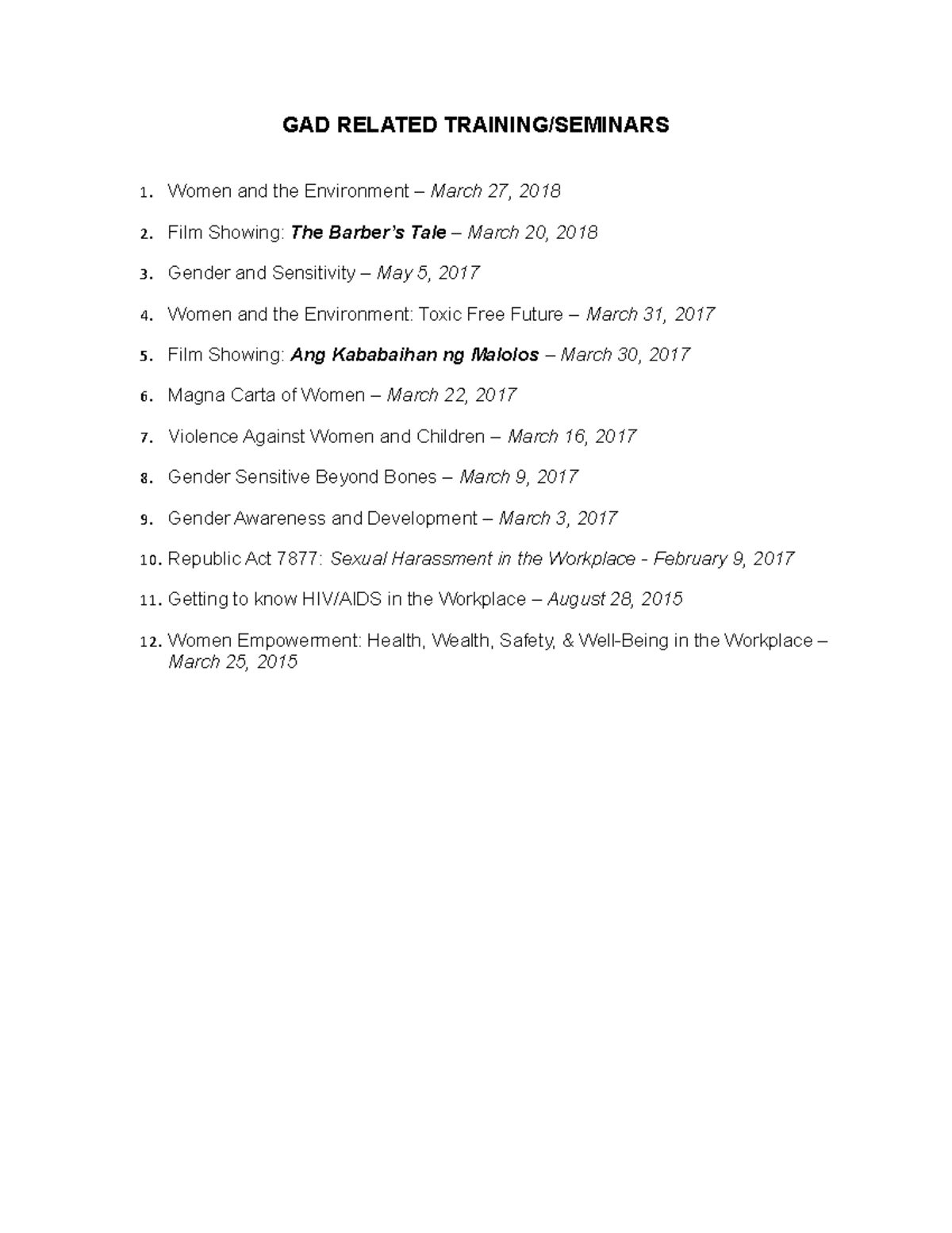 GAD Related Training - gad - GAD RELATED TRAINING/SEMINARS Women and ...
