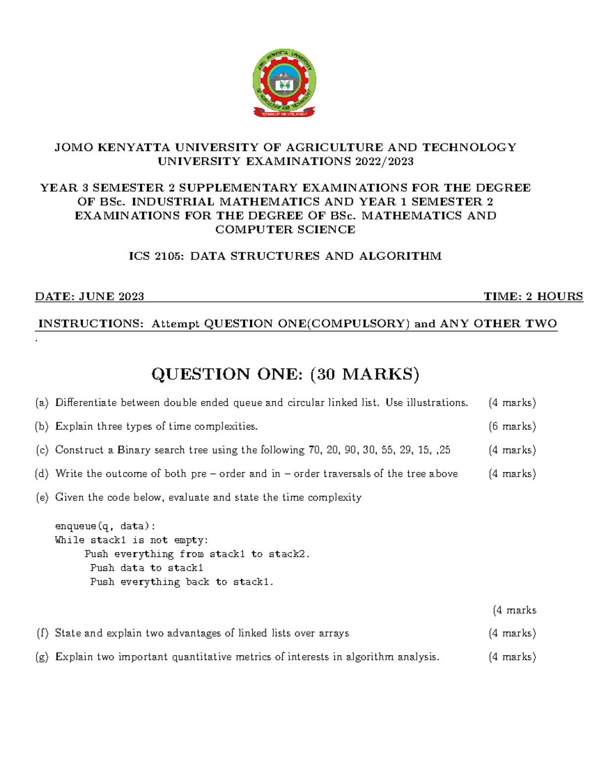 Data structures and algorithm 2023 supp - JOMO KENYATTA UNIVERSITY OF AGRICULTURE AND TECHNOLOGY ...