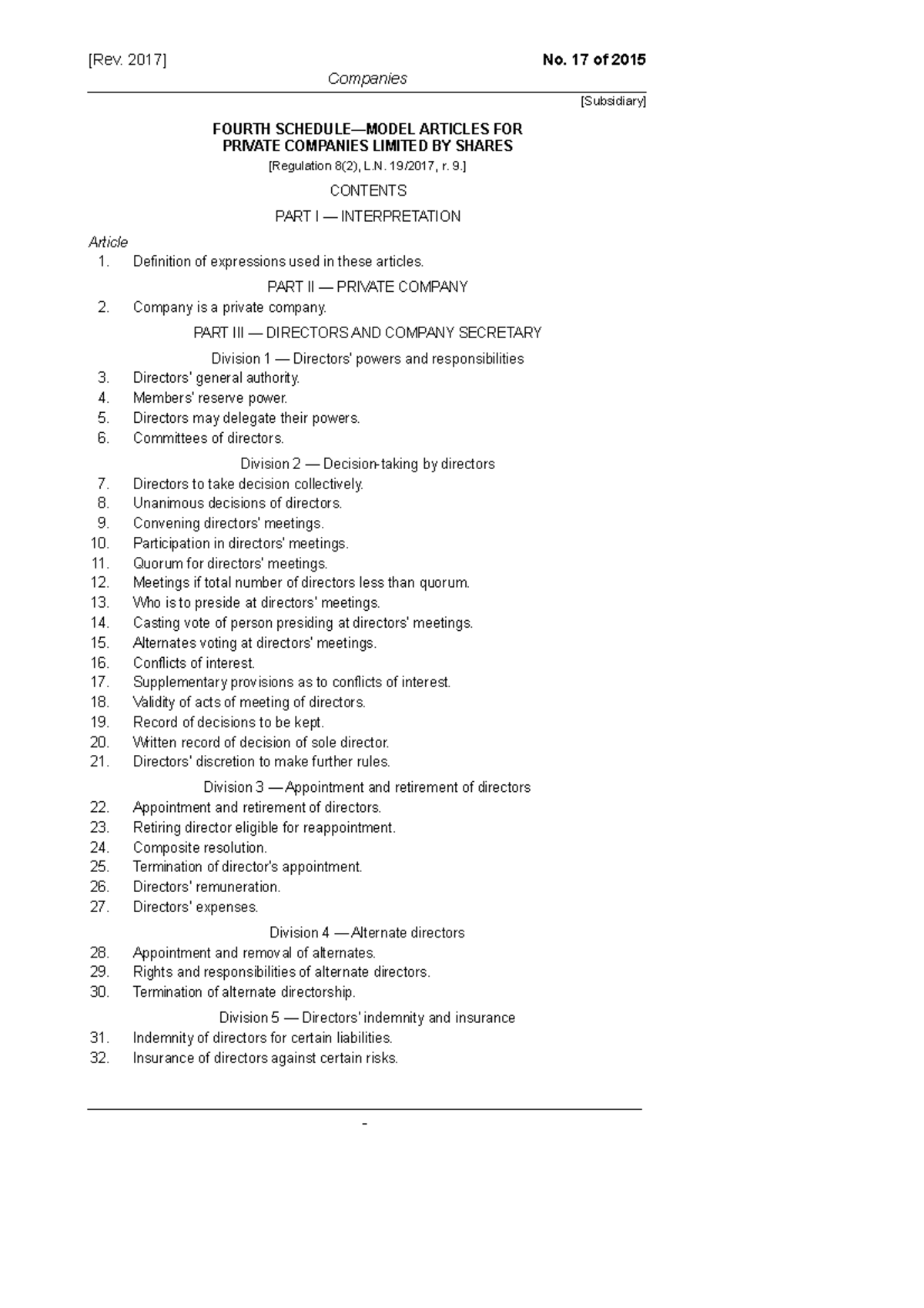 Model Articles Private Companies Limited BY Shares - [Rev. 2017] No. 17 ...