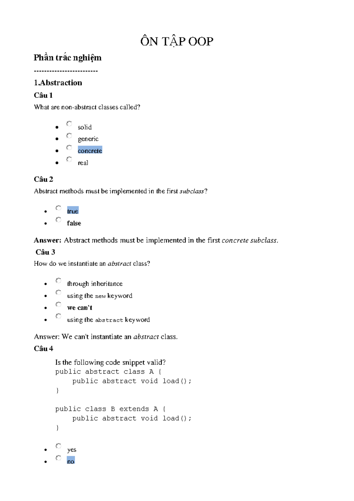 BTLop On Tap May14 - Đề ôn - ÔN TẬP OOP Phần trắc nghiệm - 1 Câu 1 What are non-abstract classes ...
