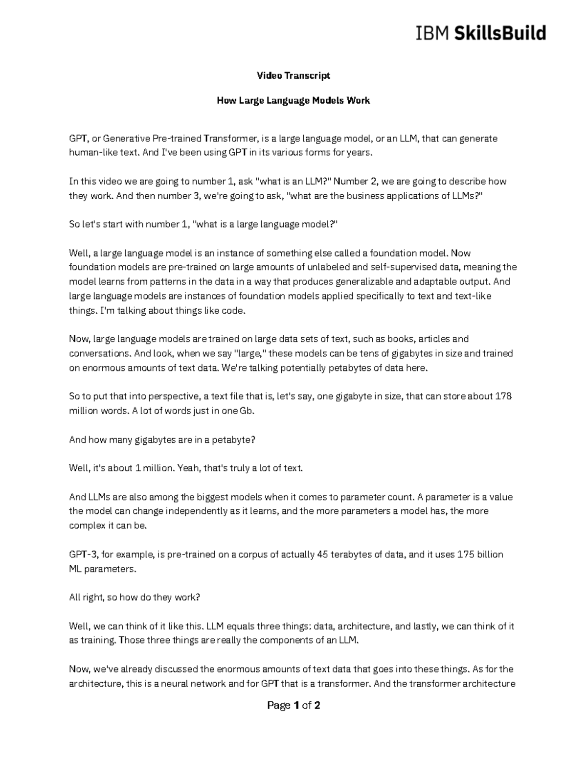 Video transcript - How Large Language Models Work - Page 1 of 2 Video ...