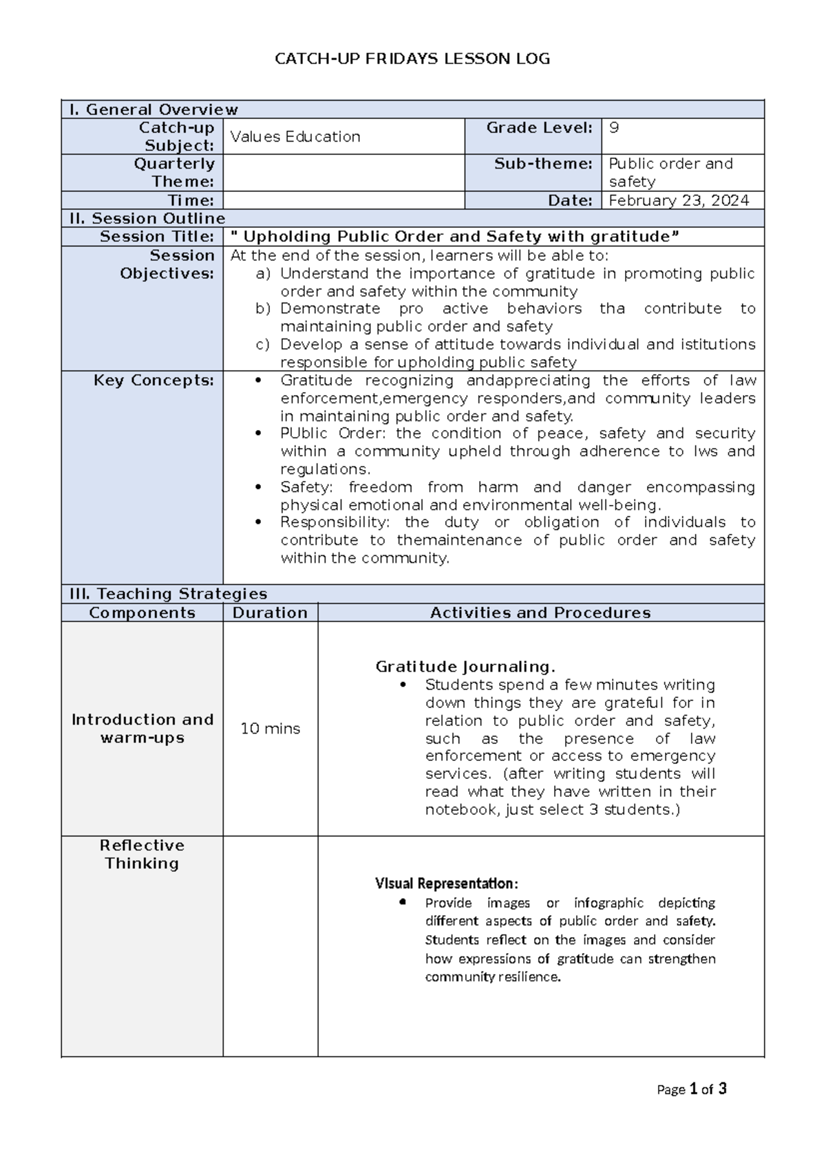 Catch UP Fridays Lesson LOG - CATCH-UP FRIDAYS LESSON LOG I. General ...
