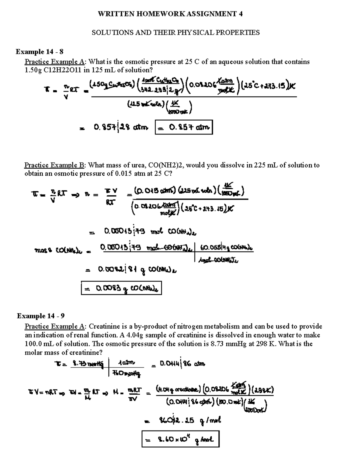Written HW 4 - WRITTEN HOMEWORK ASSIGNMENT 4 SOLUTIONS AND THEIR PHYSICAL PROPERTIES Example 14 ...