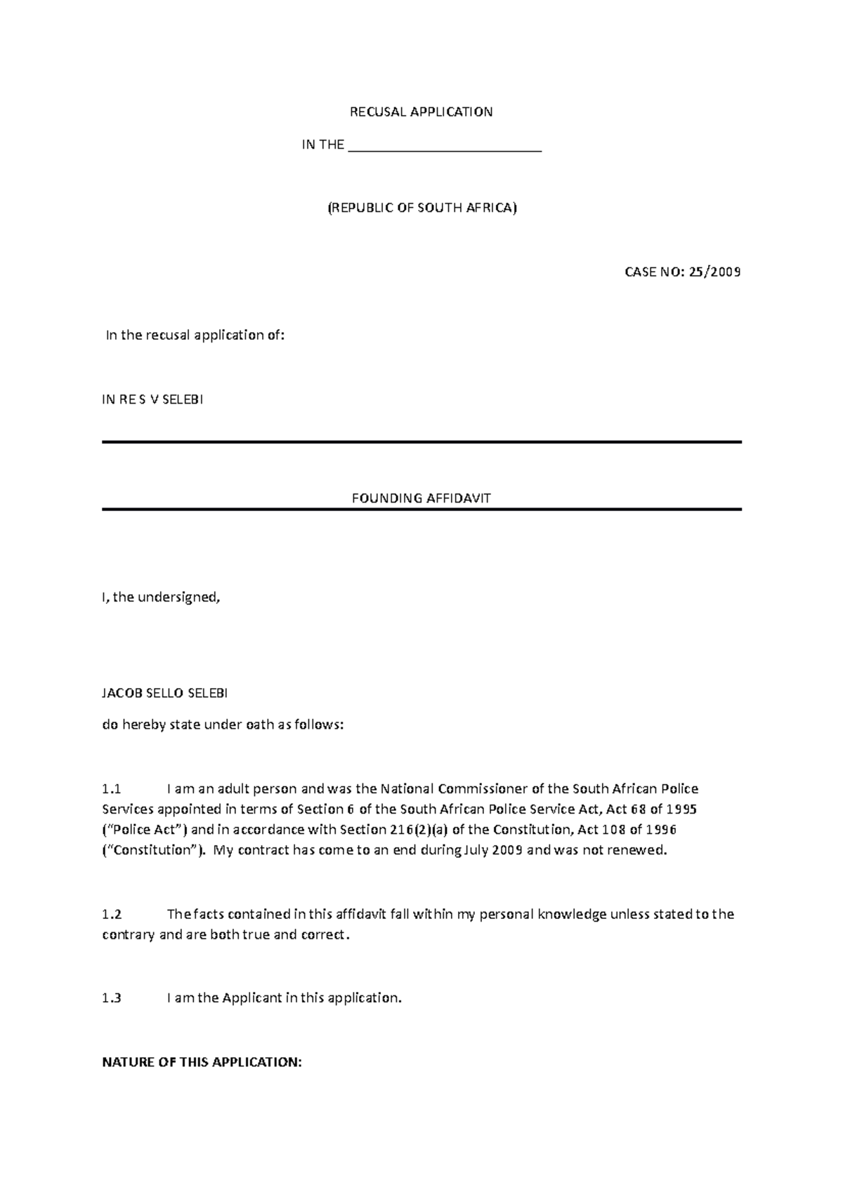 Recusal Application - RECUSAL APPLICATION IN THE ...