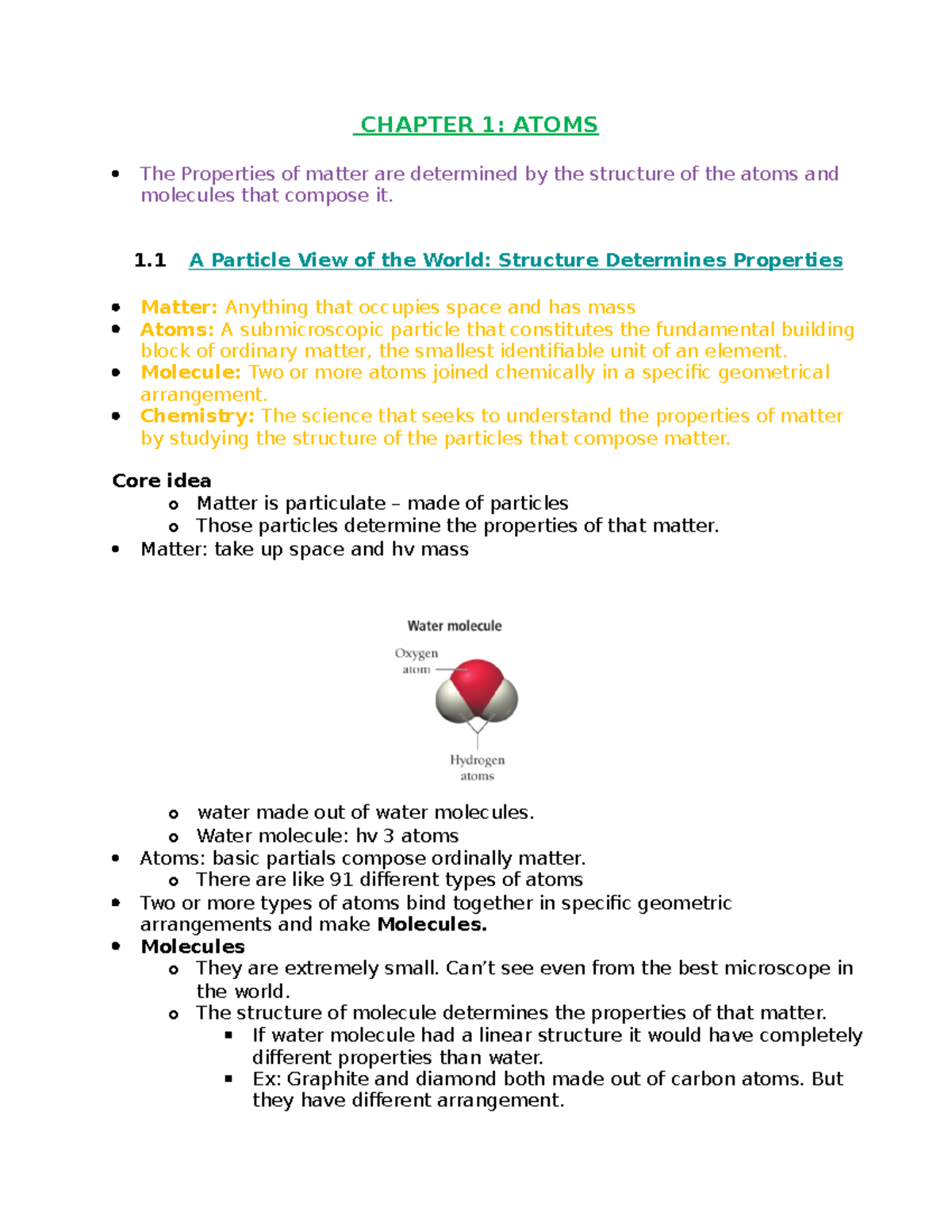 Ch 1 - Lecture notes 1-3 - CHAPTER 1: ATOMS The Properties of matter ...