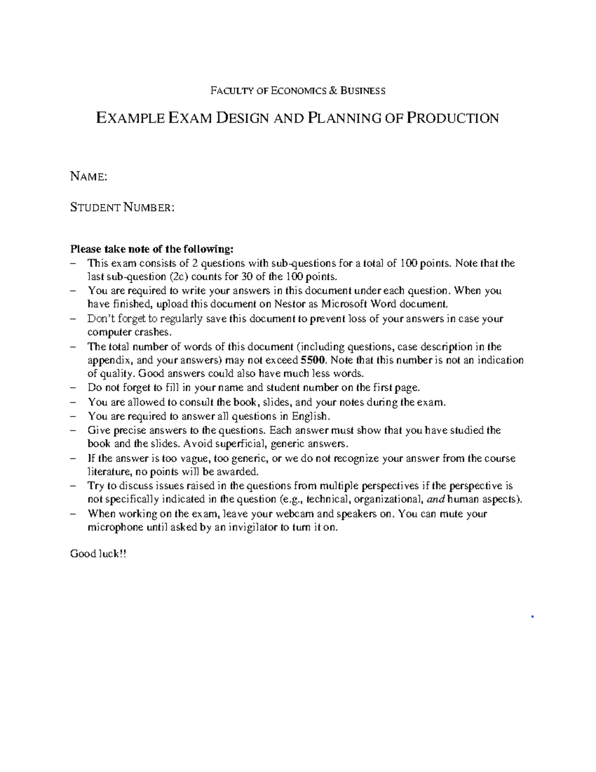 DPP Example Exam - Oefen tentamen voor DPP - FACULTY OF ECONOMICS ...