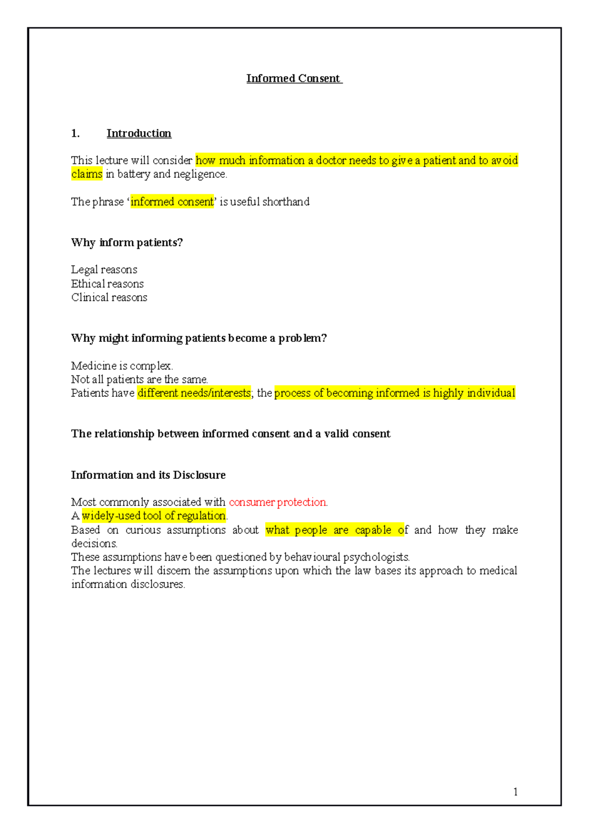 Informed Consent Lecture Notes - Informed Consent 1. Introduction This ...