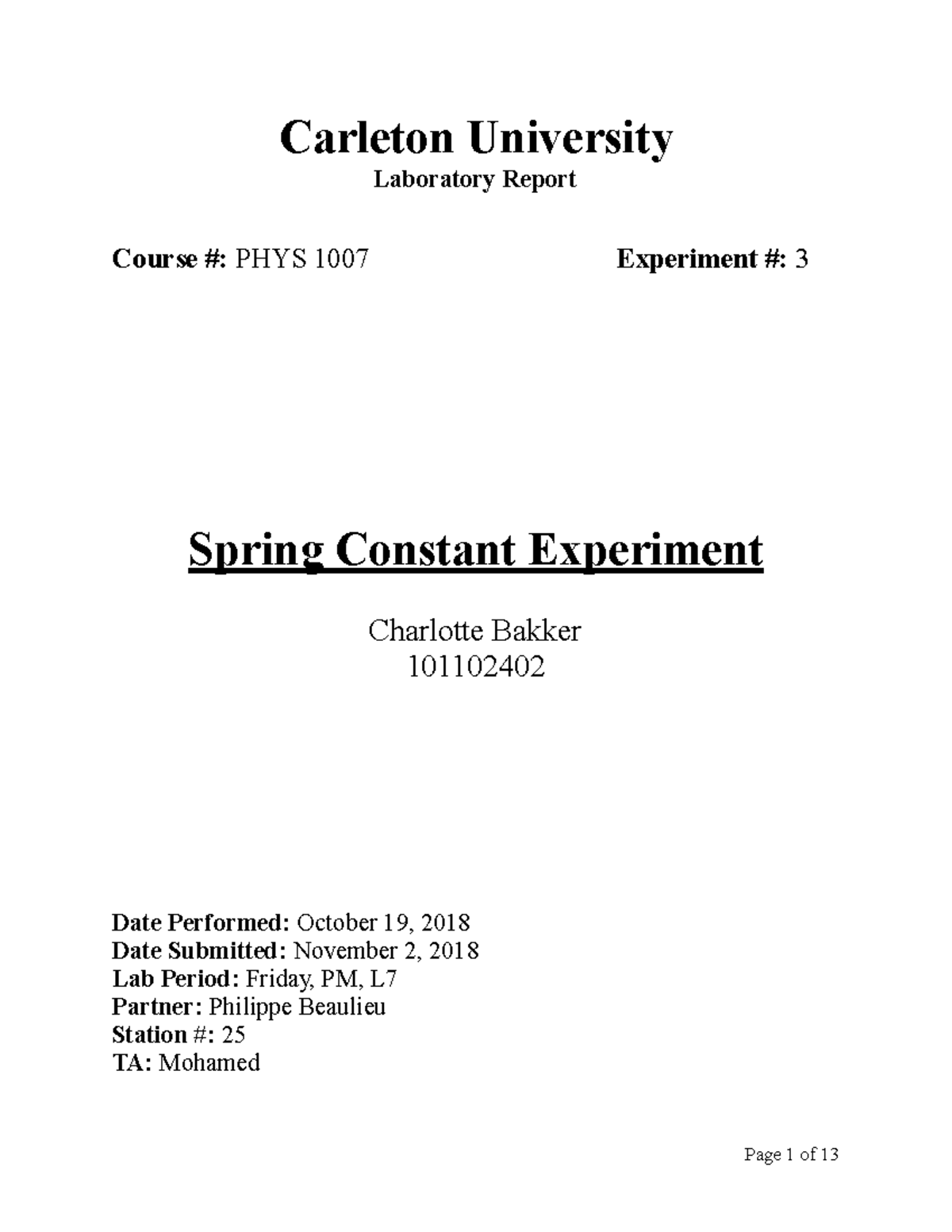 Spring Constant Lab Report - Carleton University Laboratory Report ...
