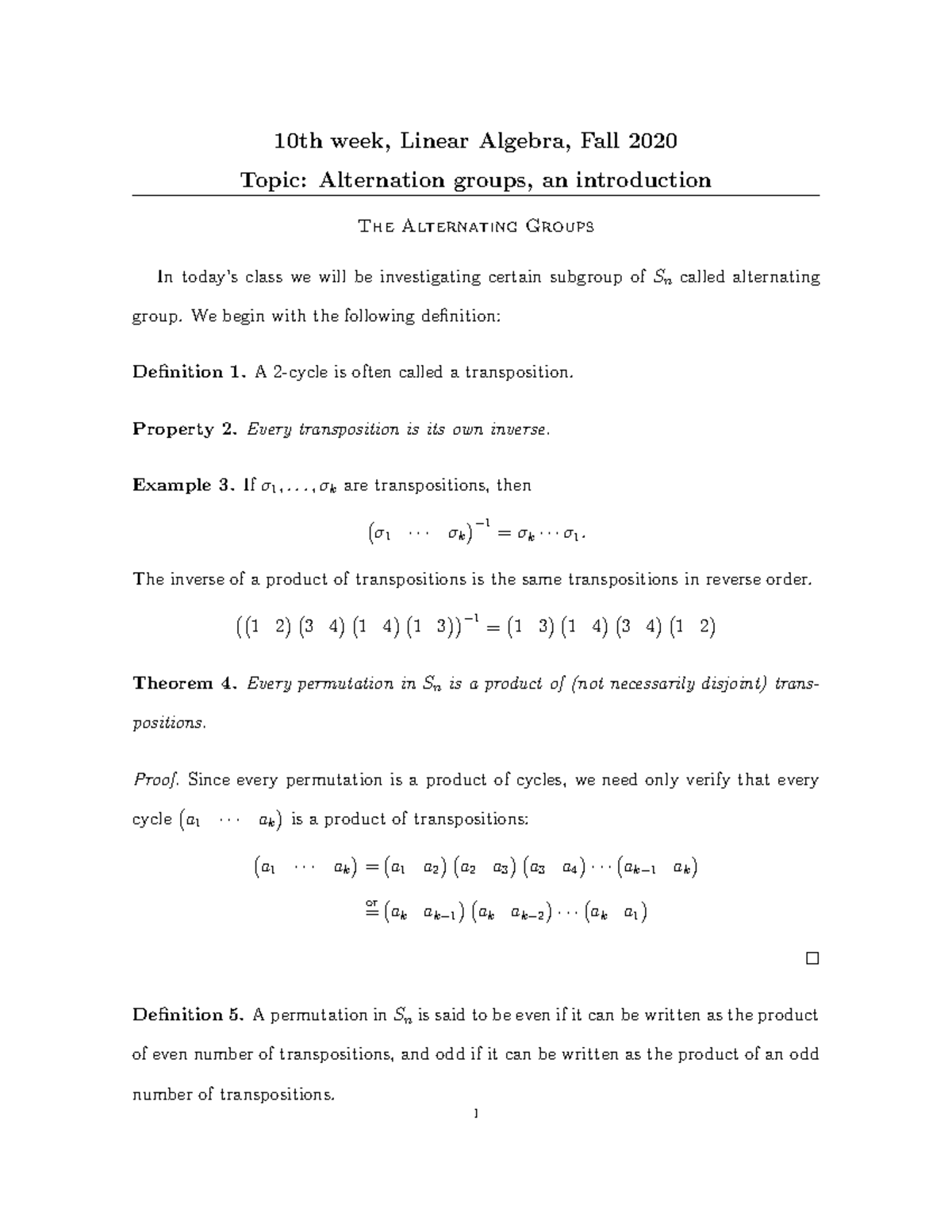 Week10 - Alternation groups, an introduction - 10th week, Linear ...