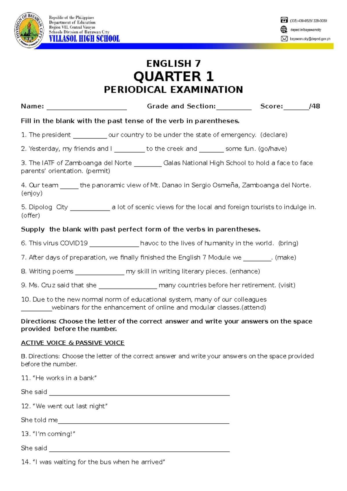 English 7 Periodical EXAM - ENGLISH 7 QUARTER 1 PERIODICAL EXAMINATION ...