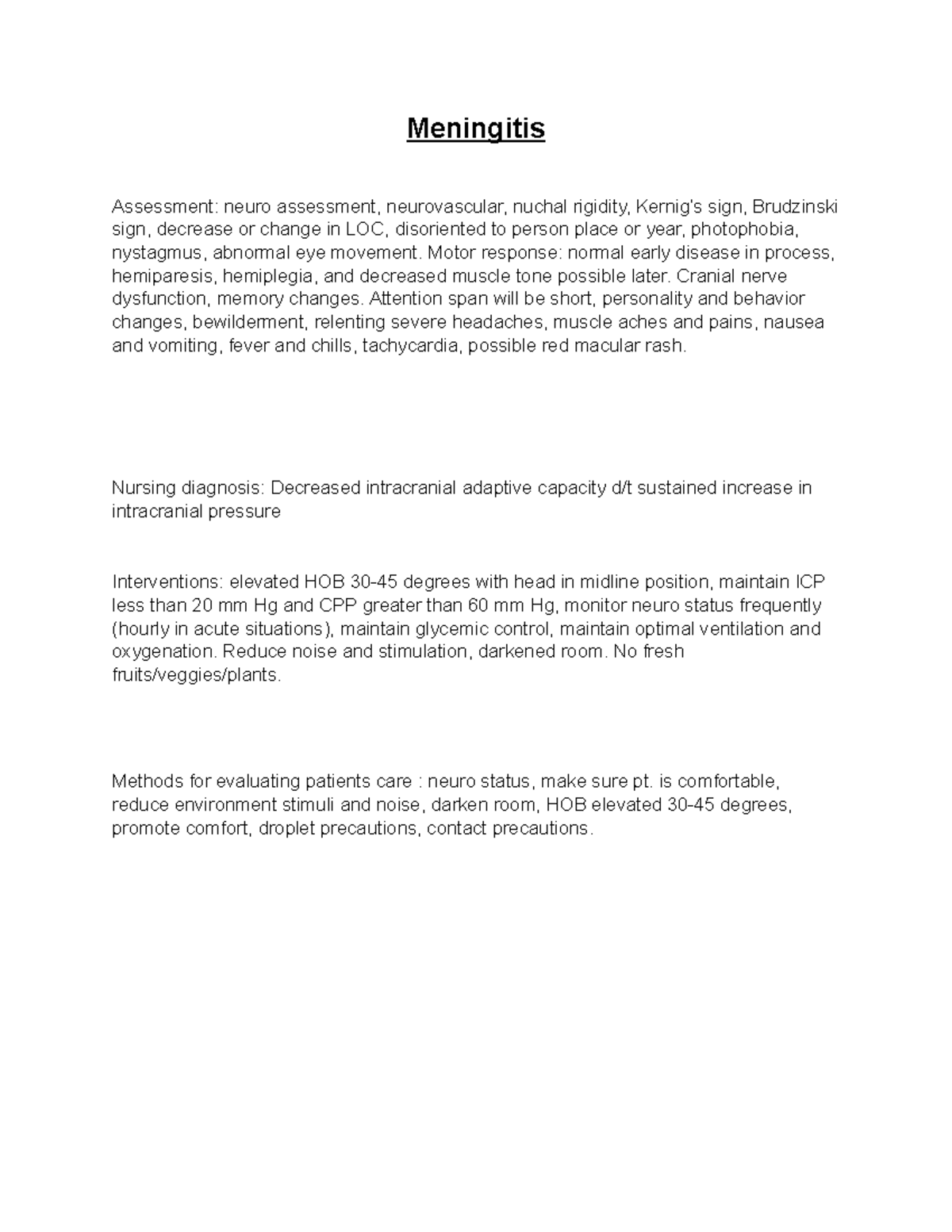 Meningitis concept map - Meningitis Assessment: neuro assessment ...