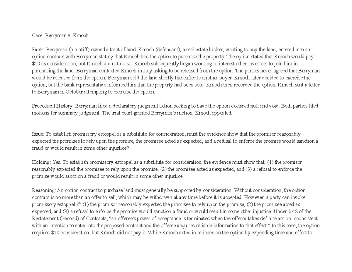 Monday Feb 27 - Lecture Notes - Case: Berryman v. Kmoch Facts: Berryman ...