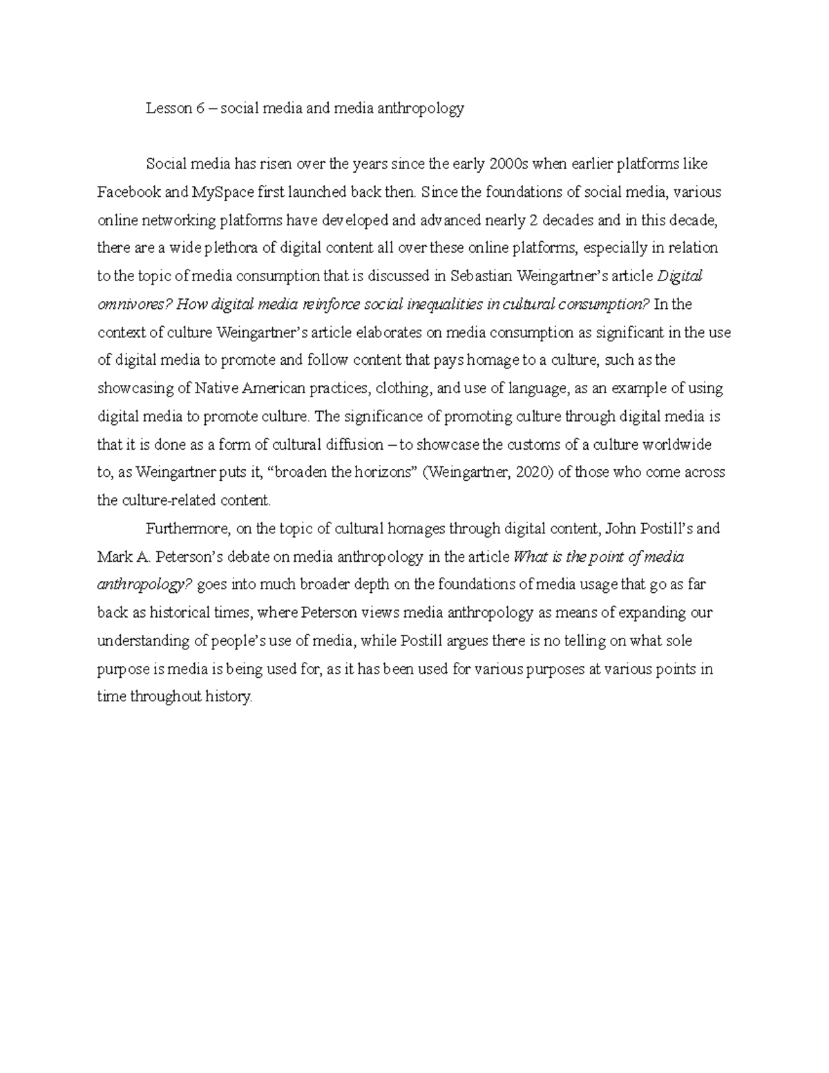 SOC 203 social media - Lesson 6 – social media and media anthropology ...