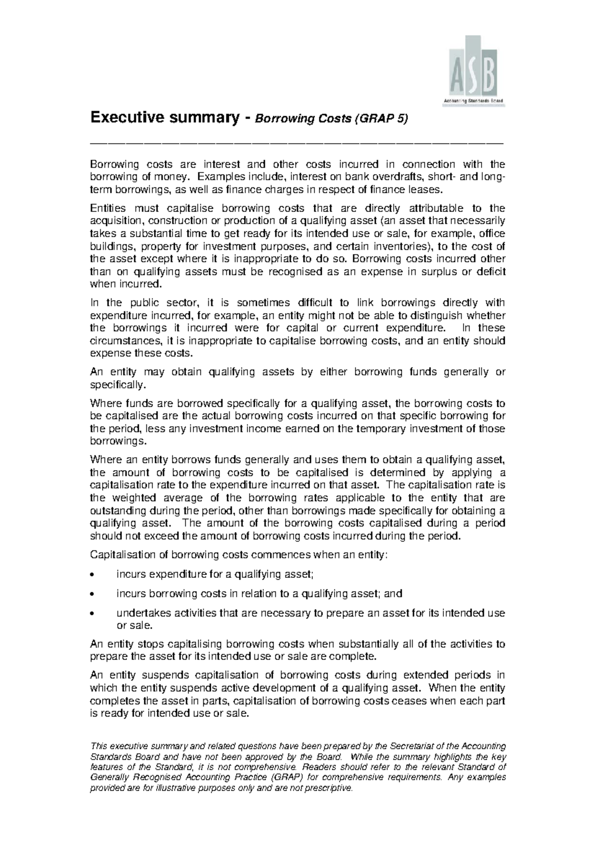 GRAP 5 Exec Summary - Executive summary - Borrowing Costs (GRAP 5) - Studocu