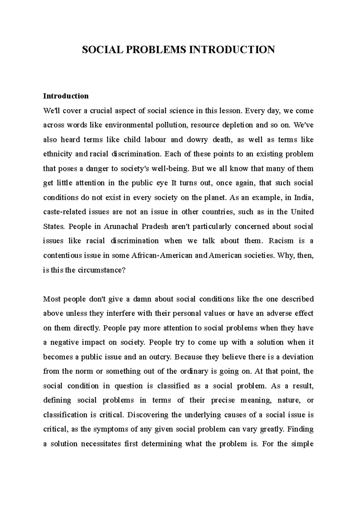 Social Problems Introduction - SOCIAL PROBLEMS INTRODUCTION ...