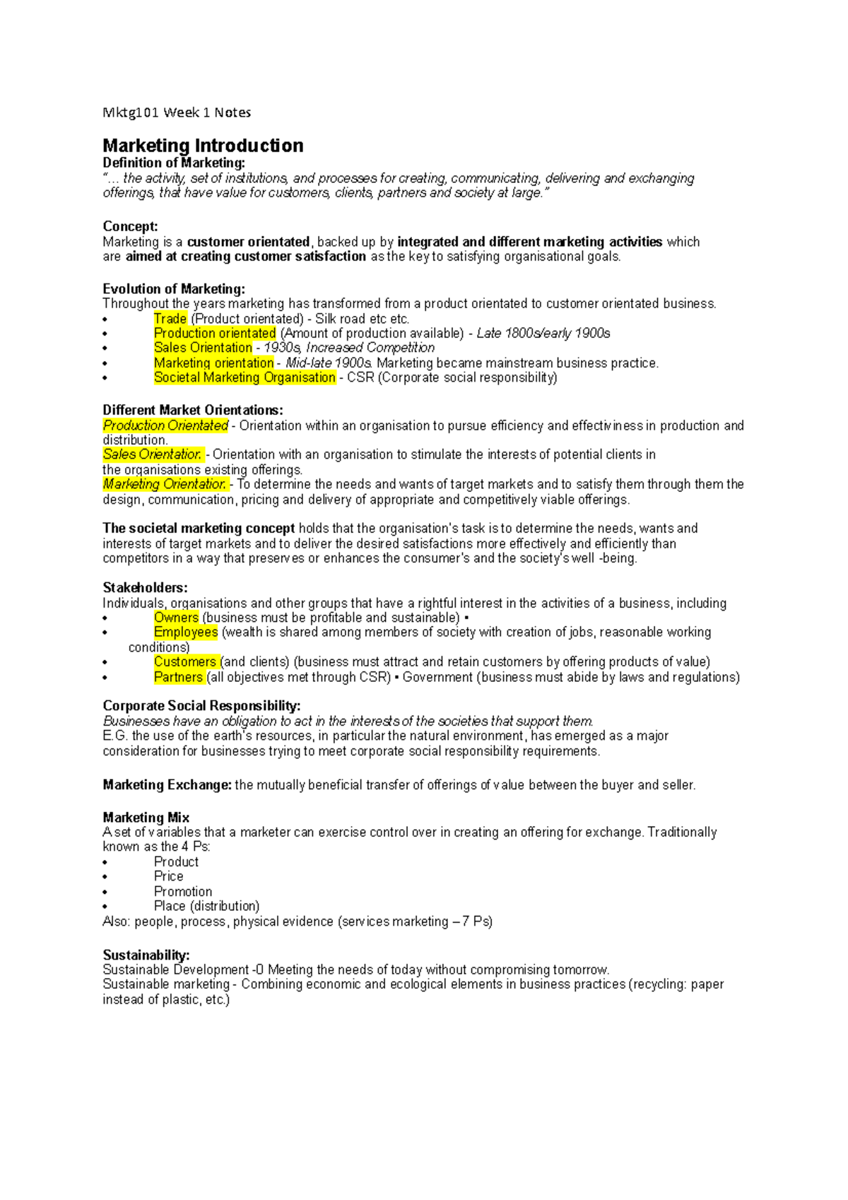 MKTG101 Week 1 Notes - Mktg101 Week 1 Notes Marketing Introduction ...