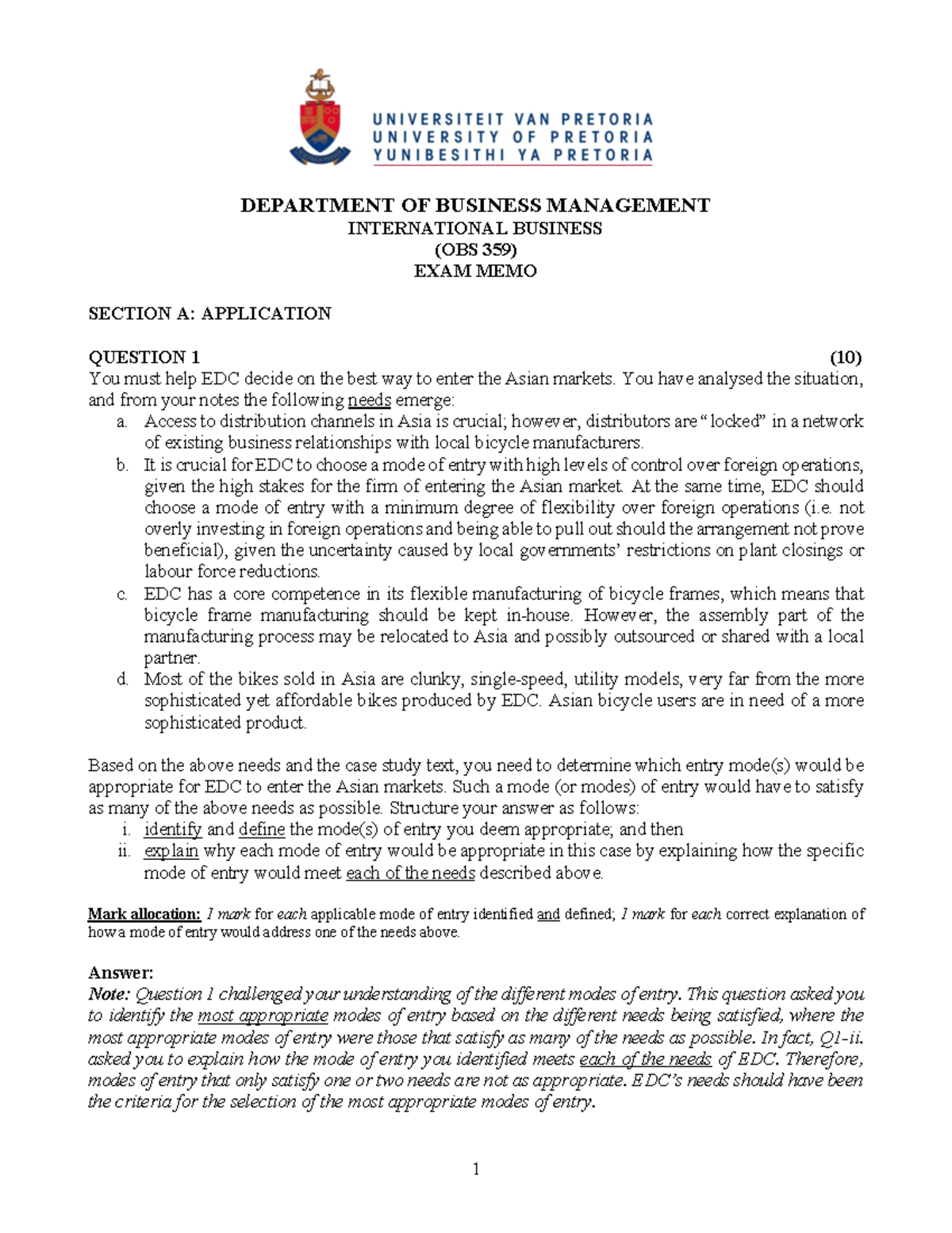 2018 Exam memo - OBS 359 NOTES - DEPARTMENT OF BUSINESS MANAGEMENT ...
