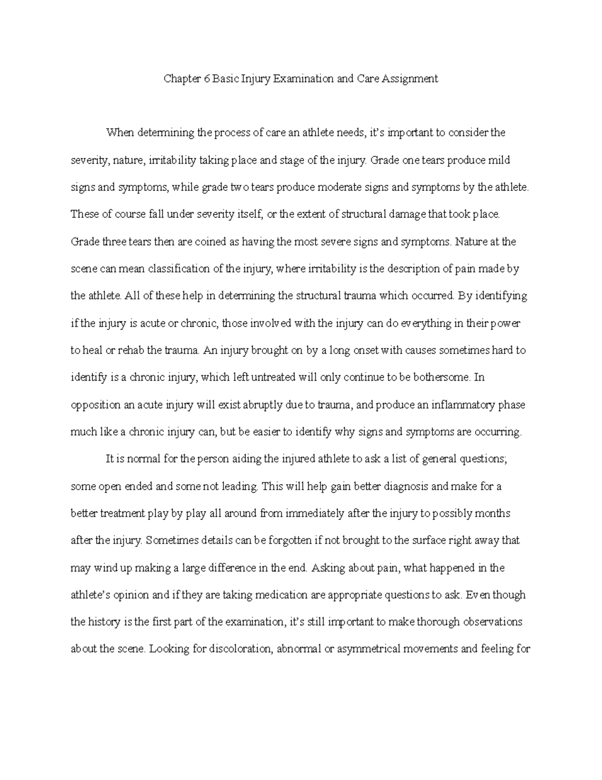 Chapter 6 Basic Injury Examination and Care Assignment - Chapter 6 ...