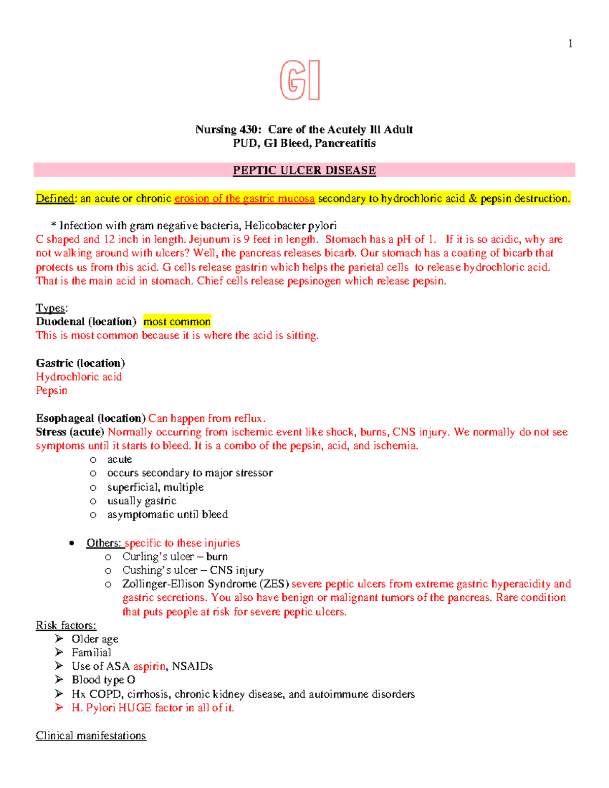 Acute GI Lecture - Nursing 430: Care of the Acutely Ill Adult PUD, GI ...